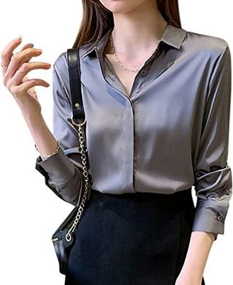 TOMWELL Femme Chemisier en Satin Tops Col en V Chemisier Bouton Décontracté à Manches Longues pour Femmes Lâche Blouse Automne Chemise de Travail Elegant Shir