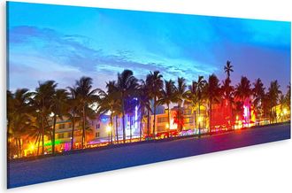 Islandburner Bild auf Leinwand Miami Beach Florida Ocean Drive Palmen Bunte Lichter Bilder Wandbilder Poster
