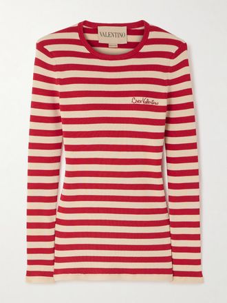 Valentino Garavani Pull En Coton Côtelé À Rayures Et À Broderie - Rouge