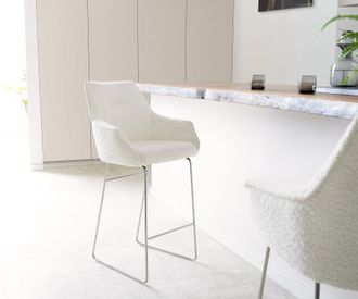 DELIFE Barstuhl Alja-Flex Bouclé Weiß Kufengestell Edelstahl Taschenfederkern, Barstühle