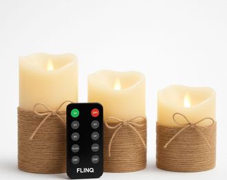 FlinQ LED Kerzen mit Bewegender Flamme & Seil - 3er Set Dekokerzen aus Echtwachs mit Fernbedienung, Timer & Dimmfunktion - Flackernde Flamme, Batteriebetrie