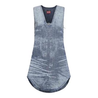 Diesel Denim V-Ausschnitt Kleid mit Metall-Logo - - Tops - Damen - Blau - M