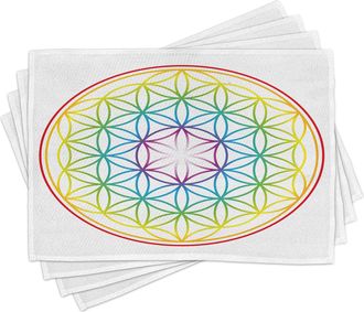 Abakuhaus Bunt Platzmatten, Blume des Lebens Muster Leuchtende Farben Kosmische Dimension Raum Formen Kunstvoller Druck, Waschbare Stoff Esszimmer Küche Tischde