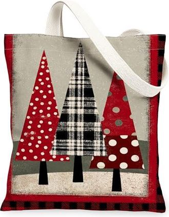 Generic Sacs fourre-tout en toile motif sapin de No&euml;l rustique, sacs d&eacute;picerie r&eacute;utilisables, l&eacute;gers, lavables, Rouge, 13x15 Inch