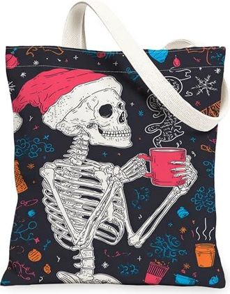 Generic Sacs fourre-tout en toile motif squelette de No&euml;l, motif cr&acirc;ne festif, sacs d&eacute;picerie r&eacute;utilisables, l&eacute;gers et lavables en toile avec bandouli&egrave;re, noi