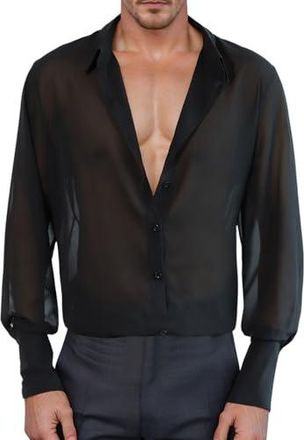 Generic Chemisier Homme Transparent, Blouse à Manches Longues,Haut Sexy Homme Col V Grande Taille Mode DéContracté Top Basique Couleur Unie LéGèRe Polyvalent 