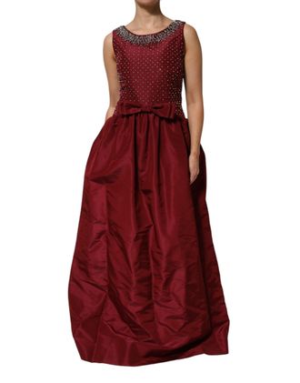 Dolce & Gabbana Womens Beaded Silk Evening Gown Red Glass Polyester