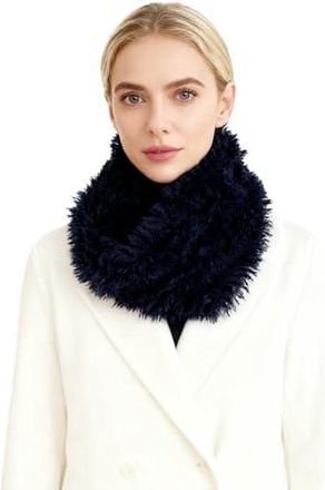 Lina & Lily &Eacute;charpe Tube Snood en Fausse Fourrure Poils Longs Boucl&eacute;s pour Femme Hiver (Bleu Fonc&eacute;)