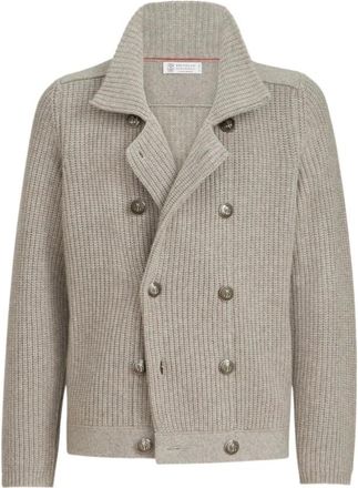 Brunello Cucinelli Homme, Pulls, Gris, Taille: M Cardigan &agrave; revers crant&eacute;s