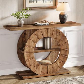 Tribesigns Tribesigns Table console en bois massif de 104 cm avec rangement, table de canap&eacute; fermi&egrave;re avec &eacute;tag&egrave;res 3 niveaux et base sculpt&eacute;e circulaire pour