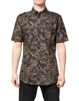 Dolce & Gabbana Mens Multicolor Camouflage Button Down Gold Shirt Cotton