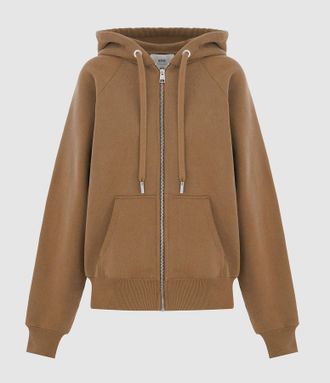 Ami Hoodie Petit Adc Embosse Zippe Avec Capuche Noisette
