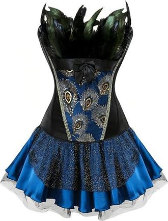 Ocean Plus Corset Classique en Plumes de Paon pour Femme Corset Brodé Contrôle du Ventre Corset avec Jupe (XL (EU 38-40), Robe noire et bleue)