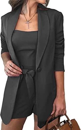 Onsoyours Ensemble Femme Blazer Tailleur+Top+Short de Bureau 3 Pièces Veste de Costume Manteau Blouson Casual pour Affaires Soiree Formel Bureau Travail Noir XL