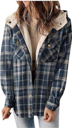 Generic Vestes pour femmes 2026 Veste &agrave; carreaux &agrave; manches longues boutonn&eacute;e en polaire chaude &agrave; capuche pour femme, bleu marine, XL