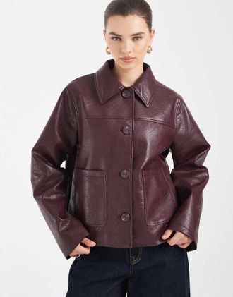 Asos Harrington-Jacke aus Kunstleder in Burgunderrot-Brown