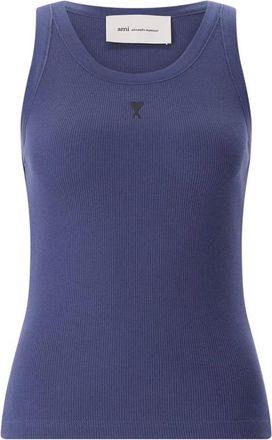 Ami Femme, Tops, Bleu, Taille: 42 FR Top en coton m&eacute;lang&eacute; brod&eacute; du logo