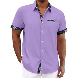 Generic Chemise hawa&iuml;enne boutonn&eacute;e &agrave; manches courtes pour homme - Coupe droite - Style d&eacute;contract&eacute; - Tropical - Vacances - Printemps - Avec poches, violet, 3