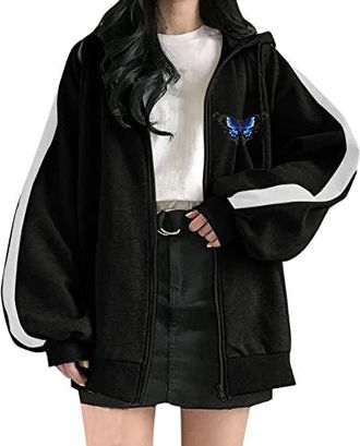 Generic 2026 Vestes pour femmes Automne Hiver Casual Loose Polaire &agrave; Capuche Zipp&eacute;e Manches Longues Imprim&eacute; Veste Manteau, Noir, S