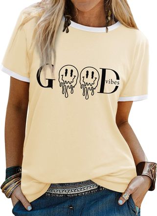 Dresswel Damen Good Vibes T-Shirt Smile Druck Tshirts Rundhals Kurzarm Oberteile Sommer Tops Tee Shirts