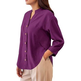 Generic Hauts en coton pour femme grande taille, chemises &agrave; manches 3/4, chemisiers baggy d&eacute;contract&eacute;s boutonn&eacute;s, chemisiers tendance et l&eacute;gers en lin confort