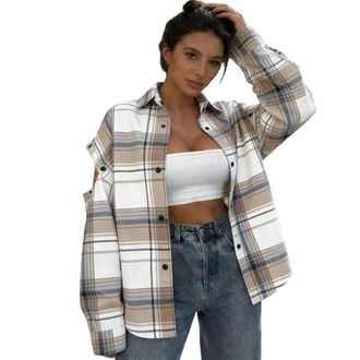 Generic Chemisier &agrave; carreaux pour femme - Manches longues - Boutonni&egrave;re - En flanelle - Chemisier surdimensionn&eacute; - Col de chemise - Haut daffaires - Loisirs -