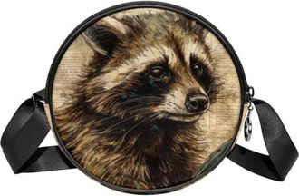 Generic Sac &agrave; bandouli&egrave;re rond pour femme, motif raton laveur, style vintage, avec fermeture &eacute;clair, bretelles r&eacute;glables, sac &agrave; main rond d&eacute;contract&eacute; pour fem