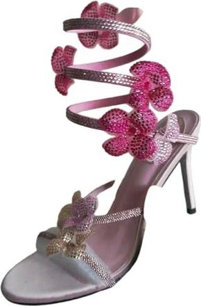 Generic YUJIEBB &Eacute;l&eacute;gant Rose Mariage Carstal Bow Talons Hauts Sandales Femme &Eacute;t&eacute; Sangle de Cheville Mince Talons Hauts Bout Ouvert Chaussures de F&ecirc;te, rose, 4