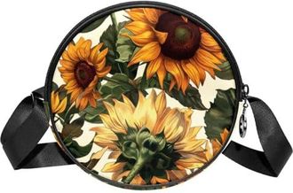 Generic Petit sac &agrave; bandouli&egrave;re rond pour femme, motif tournesol avec fermeture &eacute;clair, bretelles r&eacute;glables, style d&eacute;contract&eacute;, pour femmes et filles