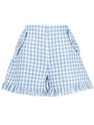 LEO LIN short en tweed &agrave; bords frang&eacute;s - Bleu