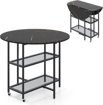 Giantex Table de salle &agrave; manger pliable ronde, pour 2 &agrave; 4 personnes, table de salle &agrave; manger avec 2 roulettes, table de cuisine pliante avec 2 &eacute;tag&egrave;res en tre