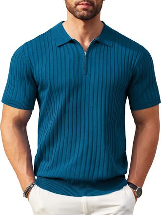 Coofandy Poloshirt Herren Kurzarm Strick Polo Shirts mit Rei&szlig;verschluss Golf Slim Fit Poloshirt Business Polohemd Jeansblau XXL