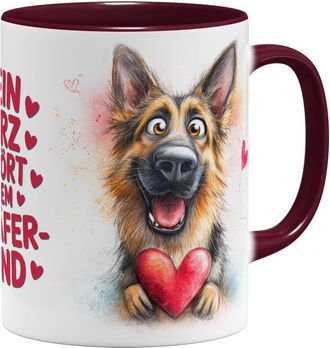 OM3 s&uuml;&szlig;e Hundeliebhaber Kaffee-Tasse mit Spruch - Mein Herz geh&ouml;rt einem Sch&auml;ferhund - Statement - Keramik Becher - 325ml - Rundumdruck - Bordeaux
