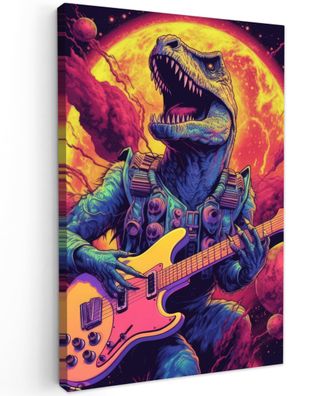 MuchoWow © Leinwandbild 60x90 cm Dekoration Wohnzimmer Bilder Aufhängen Wall Decoration Living Room Wohnungs Deko Moderne Retro - Dinosaurier - Gitarre - Sonne