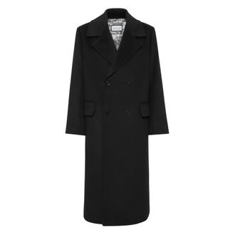 Philipp Plein Homme, Manteaux, Noir, Taille: L Manteau Long Crois&eacute; en Laine &agrave; Chevrons