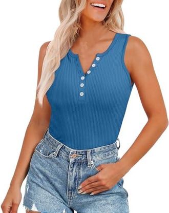 Generic Débardeurs pour femmes 2024 Décontracté sans manches Côtelé Slim Fit Shirts Front 3X Top Femmes, bleu, XL