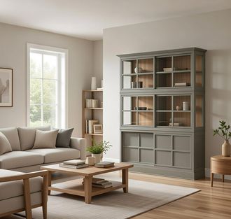 Maison Belfort home24 Vitrinenschrank 191 x 220 x 49cm Grau/Granit/Pinie Honig