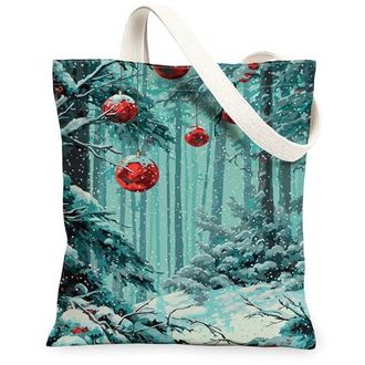 Generic Sacs fourre-tout en toile motif for&ecirc;t dhiver, motifs ornements de vacances, sacs d&eacute;picerie l&eacute;gers et lavables pour voyage, shopping, plage, pique-niqu