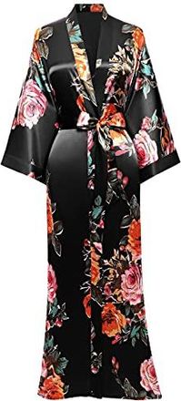 Babeyond Robe de chambre très longue en satin pour femme, kimono dété à motif floral, long peignoir kimono imprimé, pour soirée pyjama entre filles, taille uni