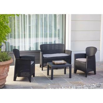 Dmora Outdoor-Lounge-Set Ostuni, Gartengarnitur mit 2 Sesseln, 1 Sofa und 1 Couchtisch, Sitzecke in Rattan-Optik mit Kissen, 100 % Made in Italy, Anthrazit