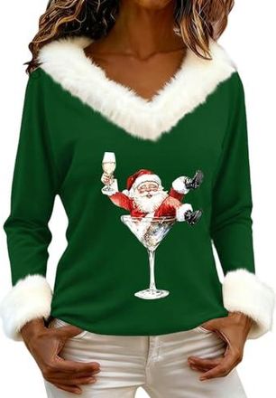 Generic Sweats de No&euml;l &agrave; col en V en Fausse Fourrure pour Femme, Chemisiers dhiver d&eacute;contract&eacute;s Confortables et Chauds avec col en Peluche imprim&eacute; P&egrave;re No&euml;l X