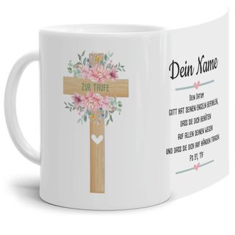 Tassendruck Tasse zur Taufe f&uuml;r Kinder mit Name & Datum - Gott hat seinen Engeln befohlen - Geschenk f&uuml;r M&auml;dchen/Gottes Segen/Erinnerung I Personalisiertes Taufge