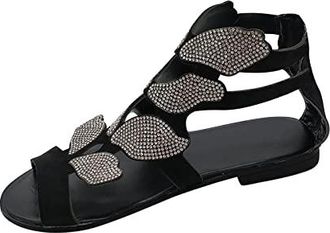 Generic Sandales &agrave; strass pour femme - Chaussures plates &agrave; bout ouvert - Sandales &eacute;l&eacute;gantes &agrave; bout rond - Sandales confortables &agrave; attacher - Chaussures de sor