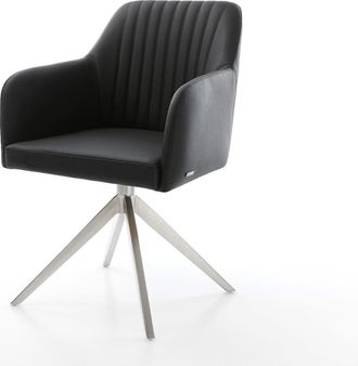 DELIFE Drehstuhl Greg-Flex Echt-Leder Schwarz Kreuzgestell breit Edelstahl 360° drehbar Wippfunktion Taschenfederkern, Esszimmerstühle