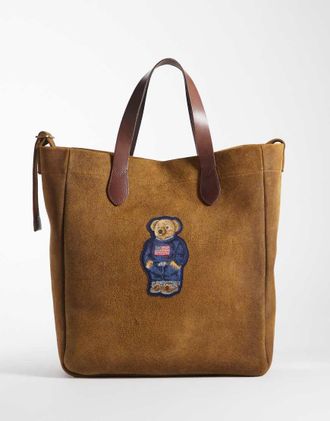 Polo Ralph Lauren Tote bag &agrave; broderie ourson et drapeau - Marron fauve-multicolore