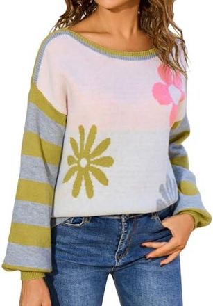 Generic Pull Chaud Femme Manches Longues, Pull Hiver Femme Col Rond Grandes Tailles &agrave; Motif Fleuri Patchwork Sweat Chic Et &Eacute;l&eacute;gant Tricot Chaud Sweater Pullov
