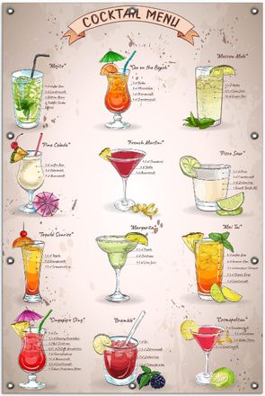 Wallario Outdoor-Poster f&uuml;r Garten oder Balkon Cocktail-Men&uuml;, Motivbanner Gr&ouml;&szlig;e: ca. 100 x 150 cm, Outdoor-Bild