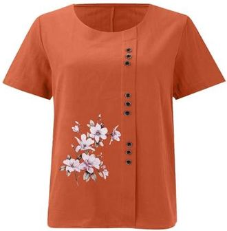Generic Haut ample d&eacute;contract&eacute; &agrave; manches courtes et col rond en lin pour femme, chemisier d&eacute;t&eacute; &agrave; motif floral pour la plage, les vacances et les voyages, Oran