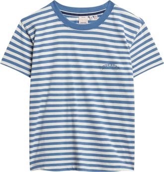 Superdry Damen Figurbetontes Essential T-Shirt mit Logo und Streifen Wedgewood Blau Gestreift 44