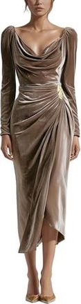 Generic Robes amincissantes en velours - Robe midi moulante d&eacute;contract&eacute;e en velours avec manches longues, fente lat&eacute;rale et volants pour une silhouette &eacute;l&eacute;gan